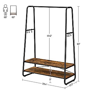 VASAGLE Clothes Rack, Clothing Rack for Hanging Clothes, Garment Rack with 2 Shelves, 6 S-Shaped Hooks, Steel Frame, for Bedroom, Rustic Brown and Black URGR112B01