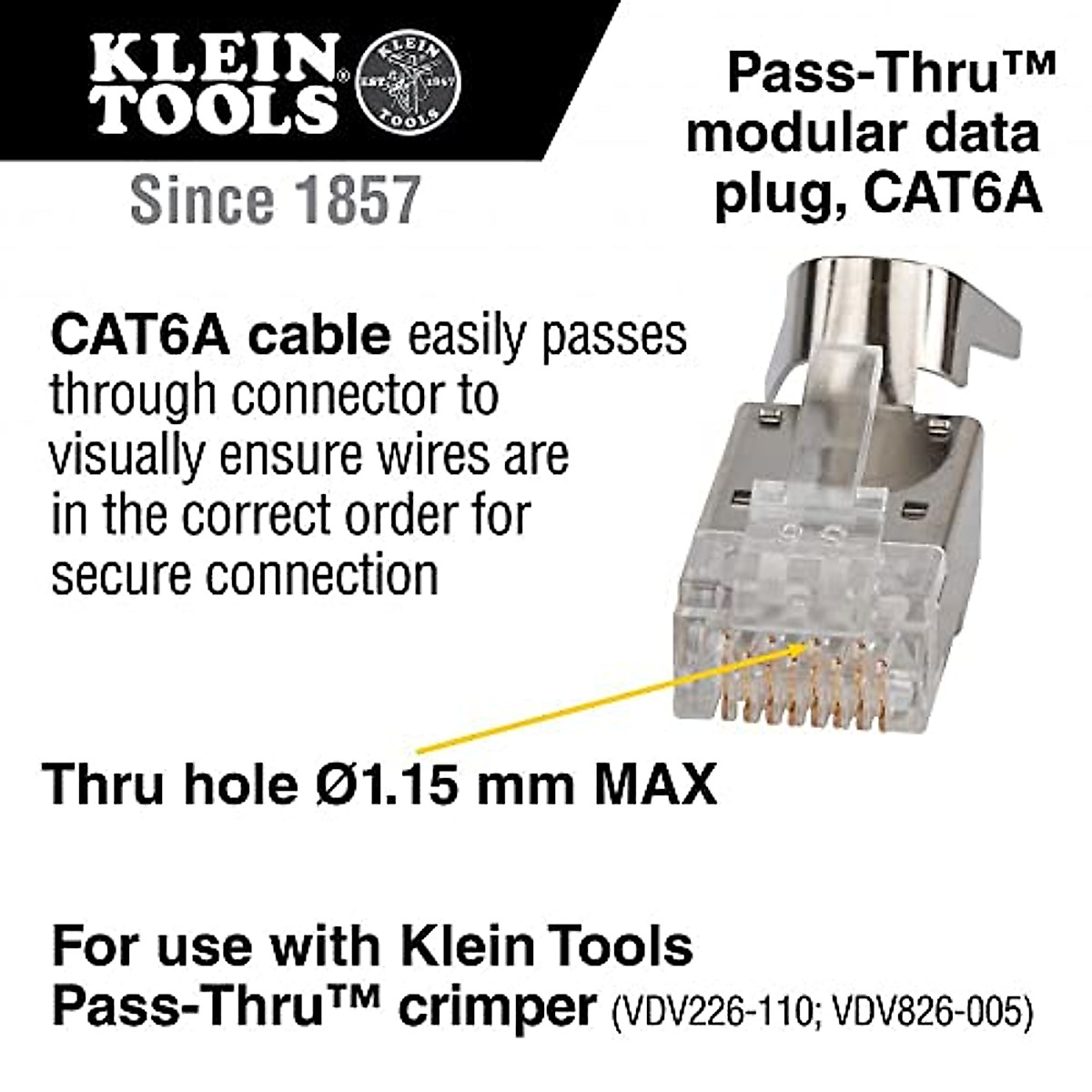 Klein Tools VDV826-705 Modular Data Plug for CAT6A Shielded Cable and Larger Diameter CAT6 Indoor or Outdoor Ethernet Cable, 50-Pack