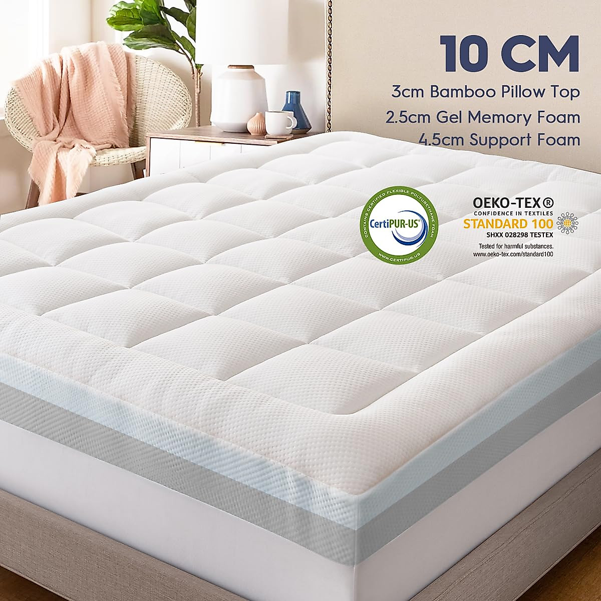 ELEMUSE 3 Inch Dual Layer Mattress Topper Queen, 2 Inch Air Circulation Egg Crate Memory Foam Pad, 1 Inch Cooling Down Alternative Pillowtop Mattress Pad, Soft Comfort Support