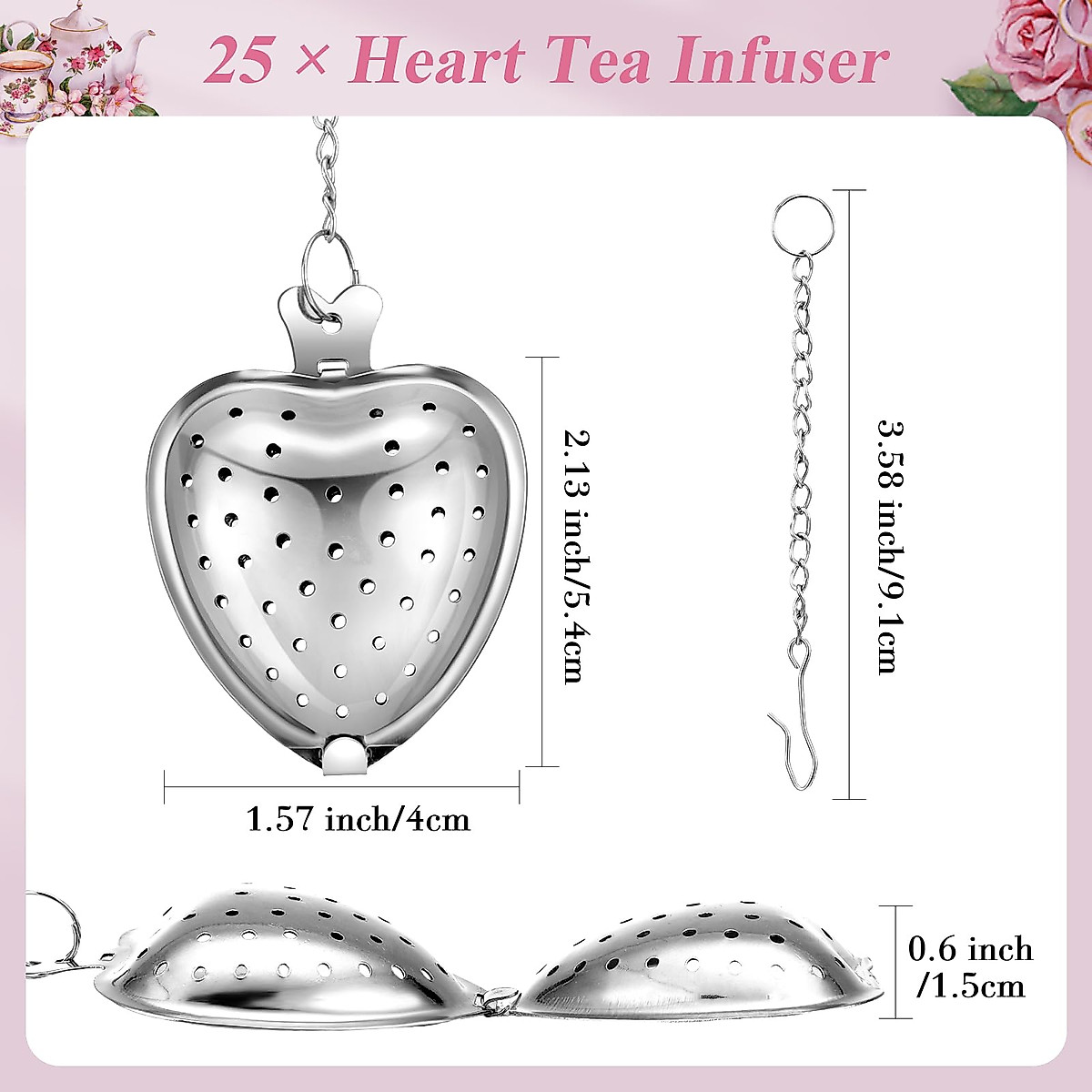 25 Sets Bridal Shower Favors for Guests Tea Party Favors Heart Tea Infuser Tea Spoon Tea Steeper for Loose Tea with Thank You Cards Organza Bags for Wedding Bridal Shower Souvenir, No Tea (Silver)