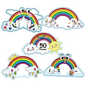 50 Pieces Rainbows Cut-Outs Bulletin Board Set Colorful Rainbow Accents Cut-Outs Sunshine Rainbow Clouds Cut-Outs Classroom Bulletin Board Cutouts Rainbow Theme Party Decor with Glue Point Dots