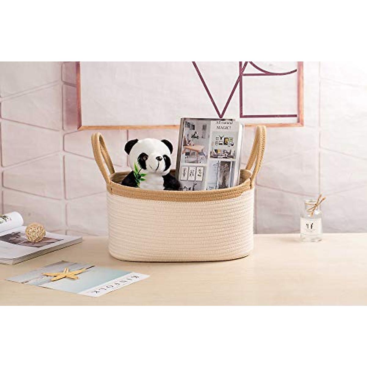 YUKIMOCOO Rope Basket with Handles, Small Storage Basket, Woven Rope Basket Baby and Kids Room Toy Storage, Towel Storage Basket, Store Basket, Basket for Candy- (S Square 21 cm 20 cm 23 cm) …
