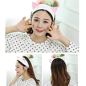 Onwon 5 Pcs Cat Ear Headbands, Washing Face Shower Headbands, Fluffy Elastic Makeup Hairbands, Beauty lovely Spa Head Bands, Makeup Wrap, Elastic Makeup Hair Bands for Spa Sport