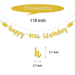 WEIANDBO Gold Glitter Banner,Pre-Strung,40th Birthday Party Decorations Bunting Sign Backdrops,Happy 40th Birthday