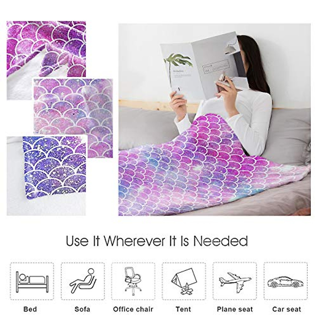 Mermaid Throw Blanket,Flannel Fleece Blanket,Soft Cozy Fuzzy Comfy Warm Cute Lightweight Blanket for Girl,Kid,Toddler,Baby-ombre Microfiber Blanket for Couch,Bed,Sofa,Chair-Crib Stroller Nap-60" x 50"