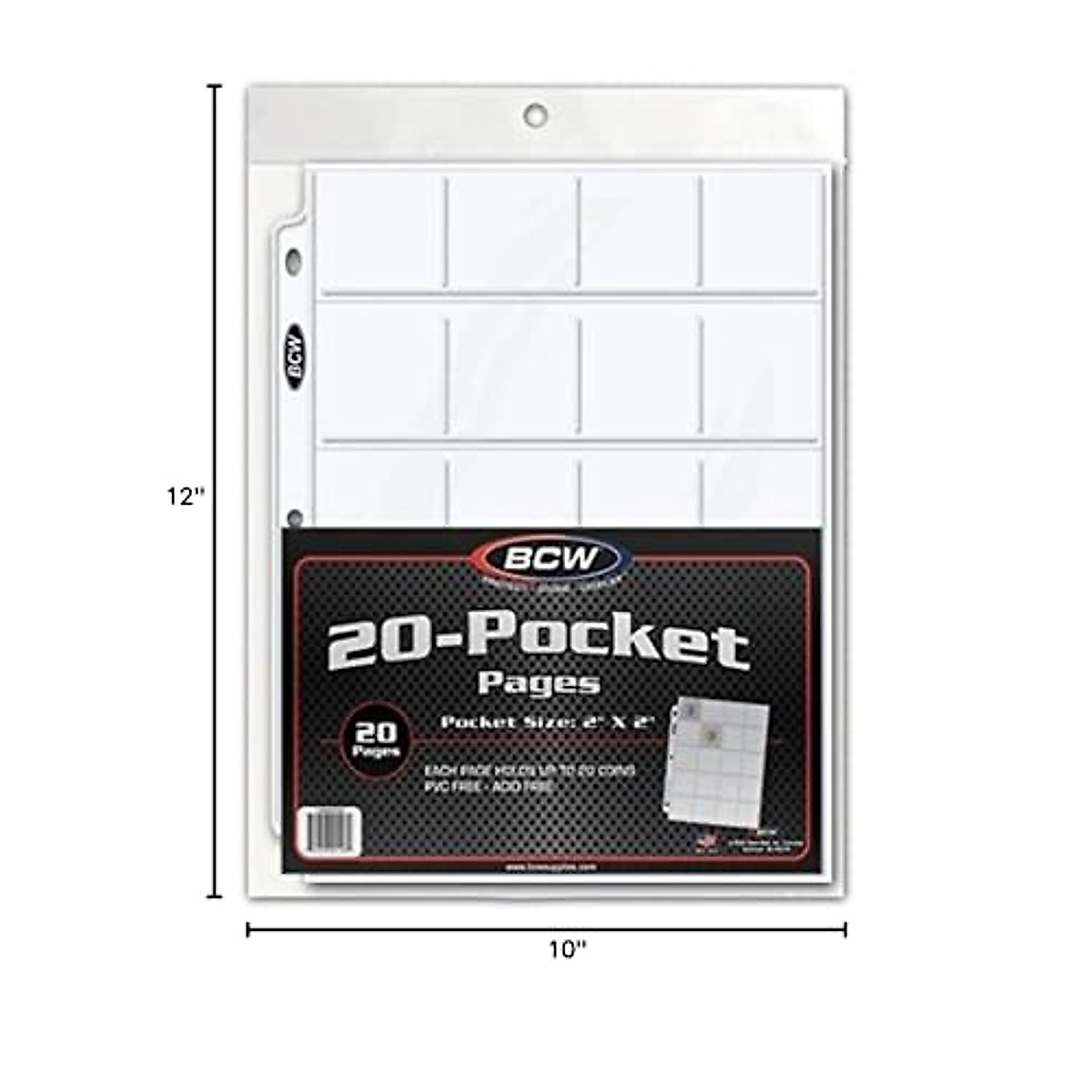 BCW Pro 20-Pocket Page – 20ct | Acid-Free, Archival Quality Storage for 2"x2" Cards, Coins, or Slides | Coin and Slide Storage Sheets | Compatible with Standard 3-Ring Binders