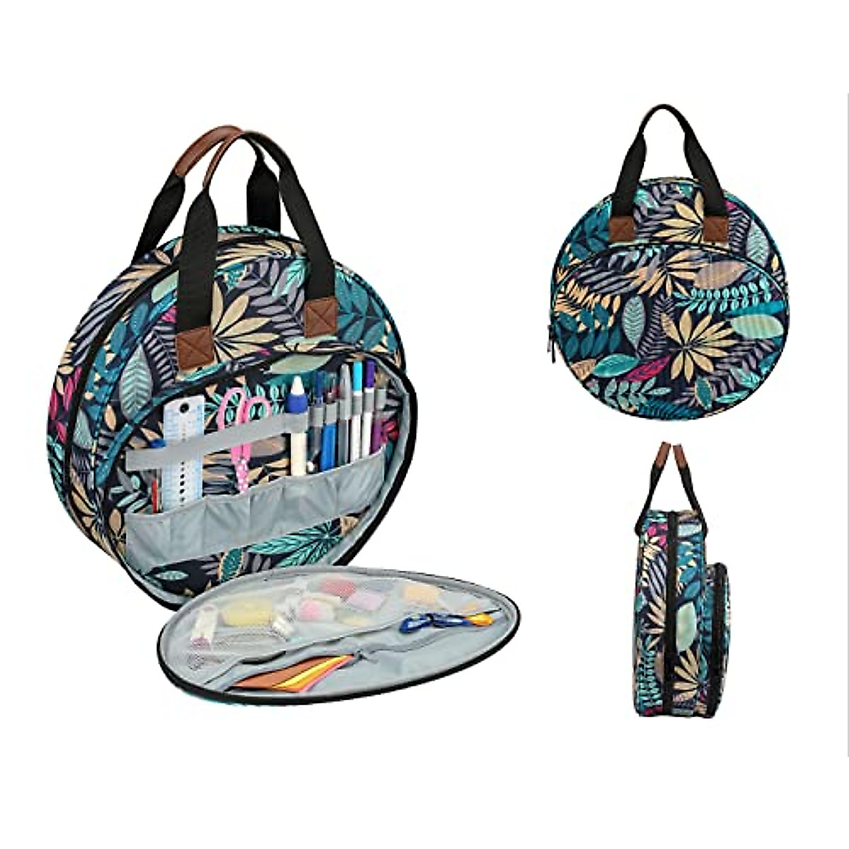 Embroidery Bag for Cross Stitch Project,MIOKY Embroidery Supplies Organizer Storage Portable Carrying Case Travel Tote for Embroidery Hoops,Floss,Cross Stitch Tools,Leaves [Bag Only]