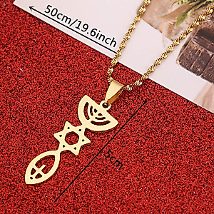 Messianic Necklace Jewish Holy Land Menorah Hexagram Israel Jewelry Mogen David Hanukiah Chanukkiyah (Gold Color)