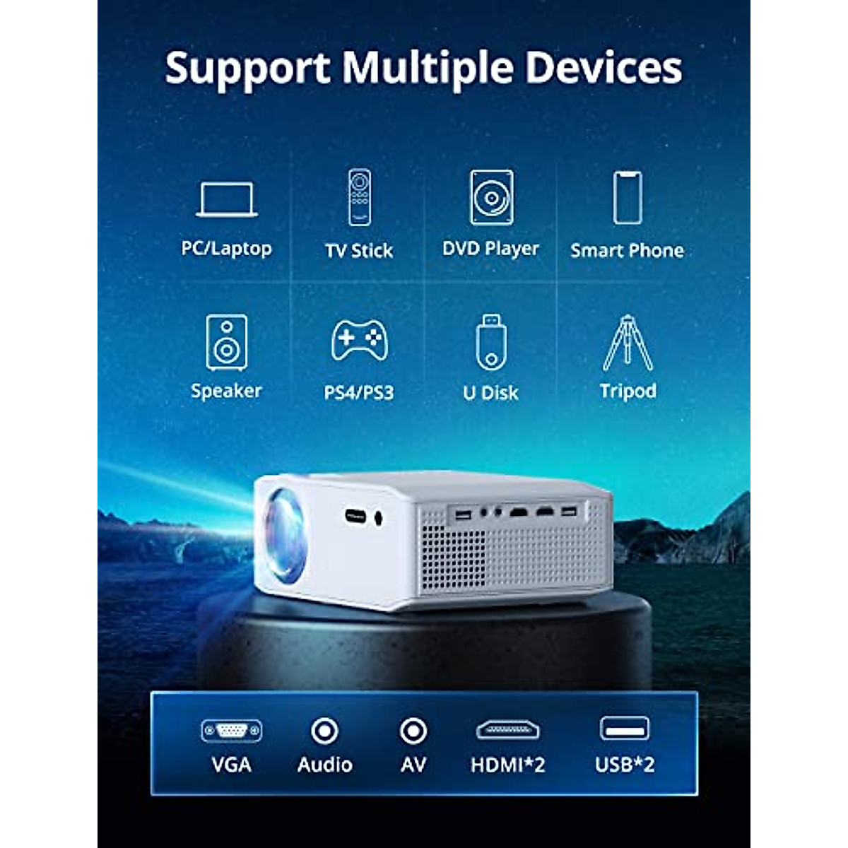 MiTecHPro Native HD 1080P Projector with 5G WiFi, 340 ANSI Portable Movie Projector 4K Support with Zoom Function and Timer Shutdown, Outdoor Projector for HDMI/USB/Laptop/iOS & Android Phone, White