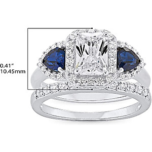 .925 Sterling Silver Radiant Cut Cubic Zirconia & Trillion Cut Lab Created Blue Sapphire Halo Three Stone Engagement and Wedding Ring Set - Size 7