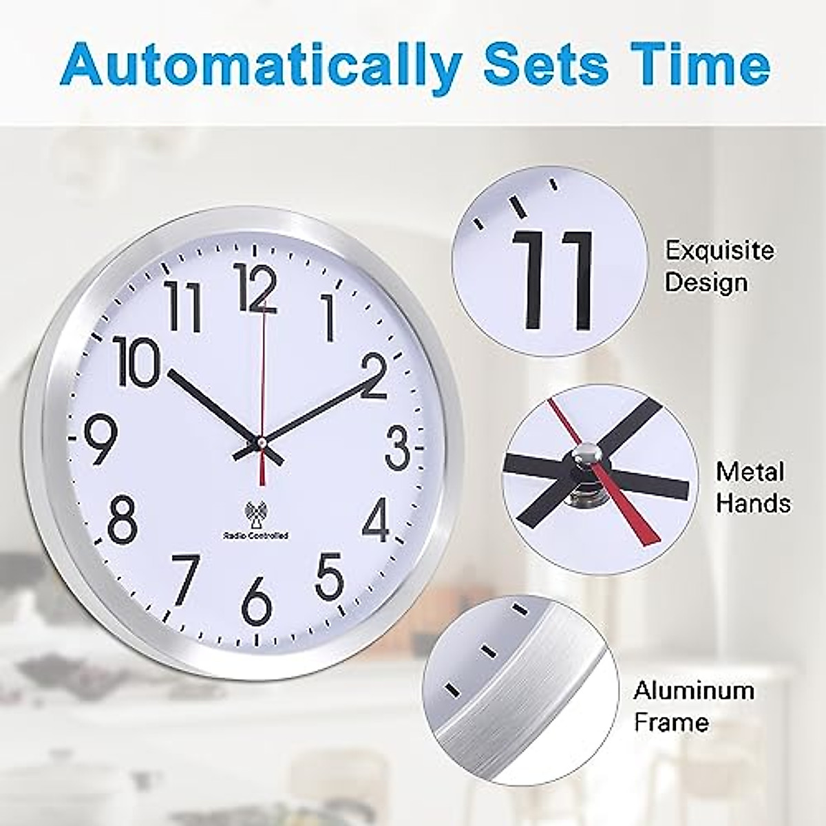 Vigorwise Atomic Analog Wall Clock, 14 Inch Radio Controlled Sets Automatically Wall Clock, Aluminum Frame Wall Clock Decorative for Home Kitchen Living Room Bedroom Office School