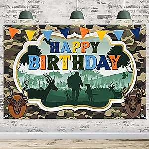 Hunting Happy Birthday Backdrop Banner Decor Colorful - Camo Gone Hunting Birthday Party Theme Decorations for Boy Men Supplies