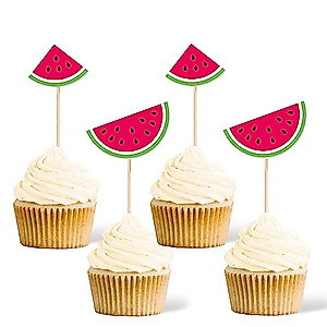 Gexolenu 24 Pcs Watermelon Cupcake Toppers Glitter Fruit Theme Summer Watermelon Cupcake Picks for Kid Baby Shower Party Decorations Boy Girl Birthday Cake Party Supplies