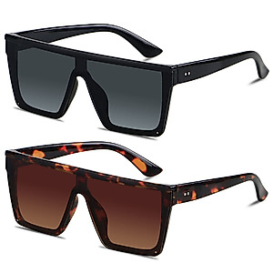 LYZOIT Square Oversized Sunglasses for Women Men Big Flat Top 2 pack Fashion Shield Large UV Protection Rimless Shades Black Tortoise Sun glasses