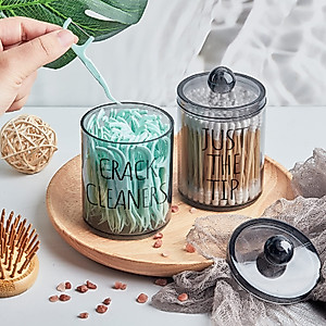 4 Pack Qtip Holder Dispenser with Lids and Labels - 10 oz Acrylic Apothecary Jars Plastic Bathroom Vanity Canister Organizer for Cotton Balls, Pads, Swabs, Floss (Black)