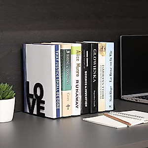 MyGift Modern Matte Black Metal Office Desk Decorative Bookends with Stencil Cut Out Love and Learn Block Letter Design and Non-Slip Pads