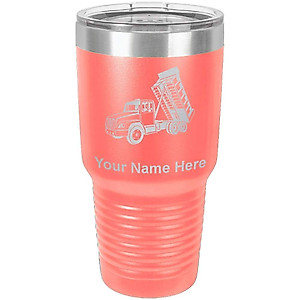 LaserGram 30oz Vacuum Insulated Tumbler Mug, Dump Truck, Personalized Engraving Included (Coral)
