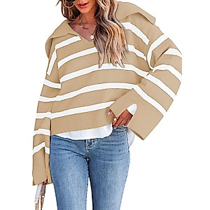 SHEWIN Fall Sweaters for Women Fashion V Neck Long Sleeve Winter Striped Sweater Casual Comfy Lapel Collar Knitted Tops Khaki X-Large