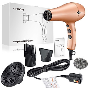 NITION Negative Ions Ceramic Hair Dryer with Diffuser(Large Size 5.3 inch) Attachment Ionic Blow Dryer Quick Drying,1875 Watt 2 Speed / 3 Heat Settings,Cool Shot Button,Lightweight,Gold