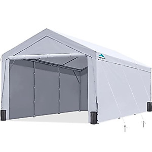 ADVANCE OUTDOOR 12x20 ft Heavy Duty Carport with Sidewalls and Doors, Adjustable Height from 9.5 ft to 11 ft, Car Canopy Garage Party Tent Boat Shelter with 8 Reinforced Poles and 4 Sandbags, White