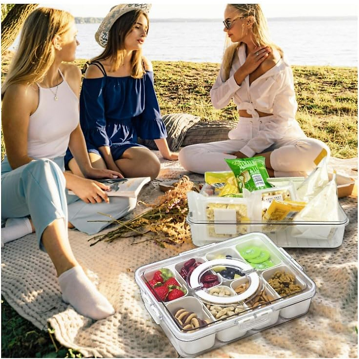 Generic Divided Food Snack Box with Lid and Handle | 8 Removable Compartments | Snackle Box | Portable Snack Platter, Clear