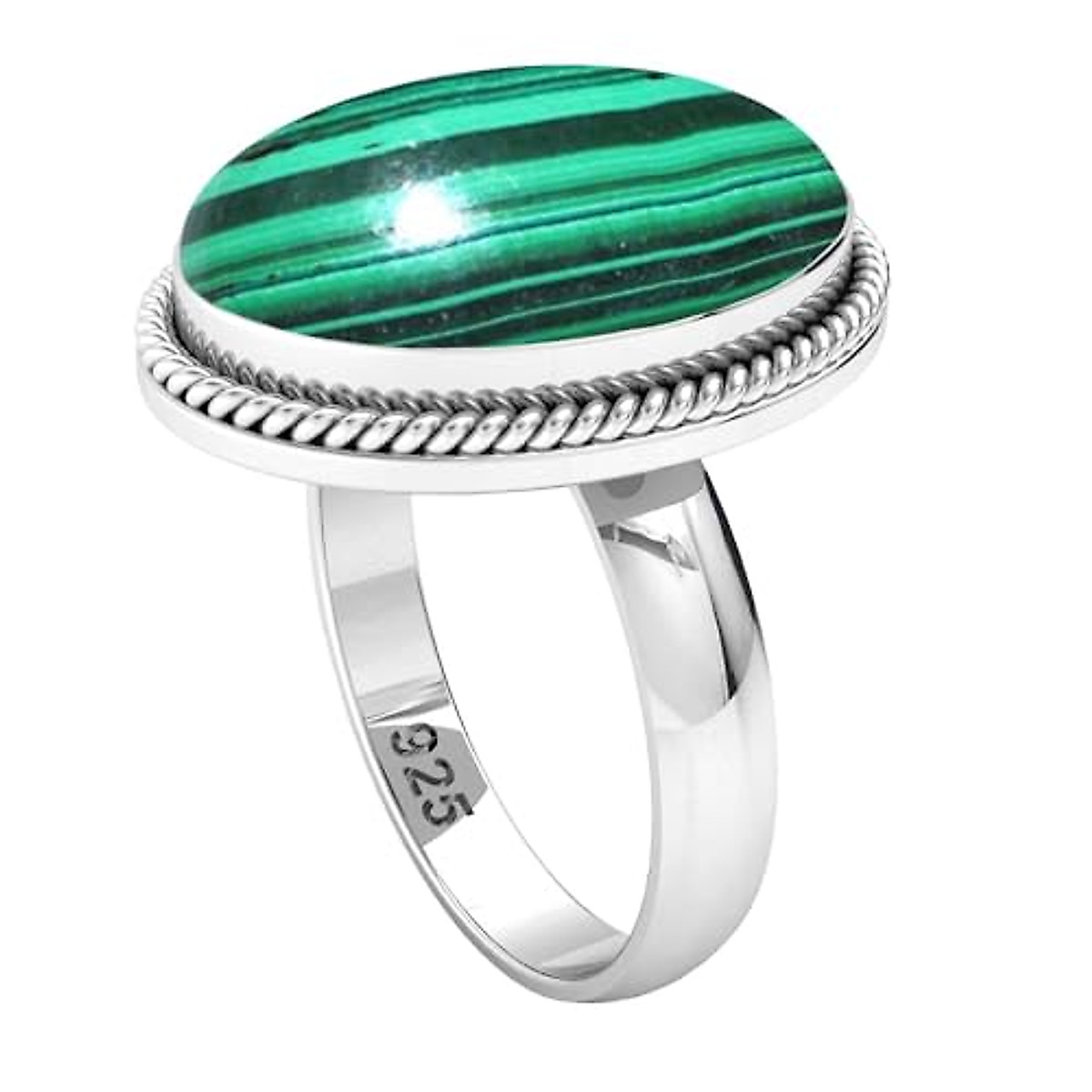 JEWELOPORIUM 925 Sterling Silver Ring for Women Size 7 Green Genuine Malachite Stone Solitaire Silver Ring New Year Gift Costume Jewelry