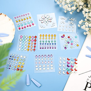 9 Sheets Face Gems Stickers, Self-adhesive Face Jewels Stickers including Stars, Flower, Drop Shape Cute Face Diamonds Jewels for Makeup, Party, Festival (Pattern 1)