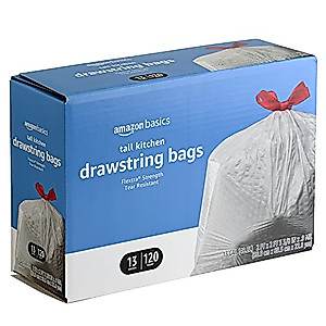 Amazon Basics Flextra Tall Kitchen Drawstring Trash Bags, 13 Gallon, 120 Count