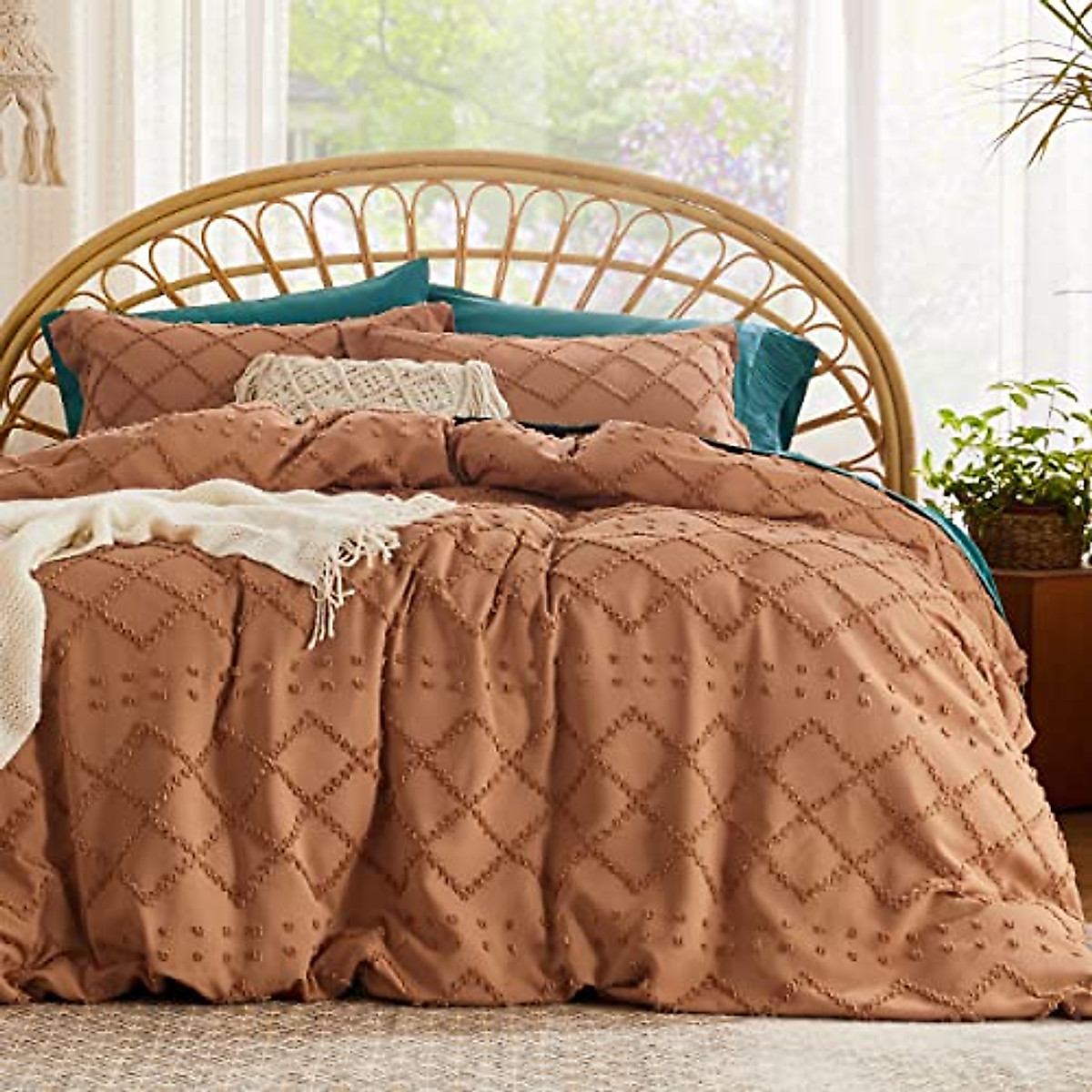 Bedsure Boho Duvet Cover Queen - Boho Bedding, Tufted Queen Duvet Cover for All Seasons, 3 Pieces Embroidery Shabby Chic Home Bedding Duvet Cover Set (Pumpkin, Queen, 90x90)