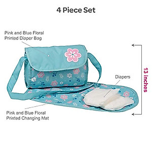 ADORA Baby Doll Diaper Bag with Sturdy Straps, Includes Changing Mat and 2 Doll Diapers (Fits 13" Dolls), Birthday Gift for Ages 3+ - Blue Flower Power