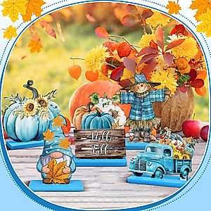 6 Pcs Thanksgiving Wooden Tabletop Decor Hello Fall Pumpkin Gnome Scarecrow Truck Wooden Table Signs Fall Table Decorations Centerpieces for Autumn Harvest Party Supplies(Classic,Blue)