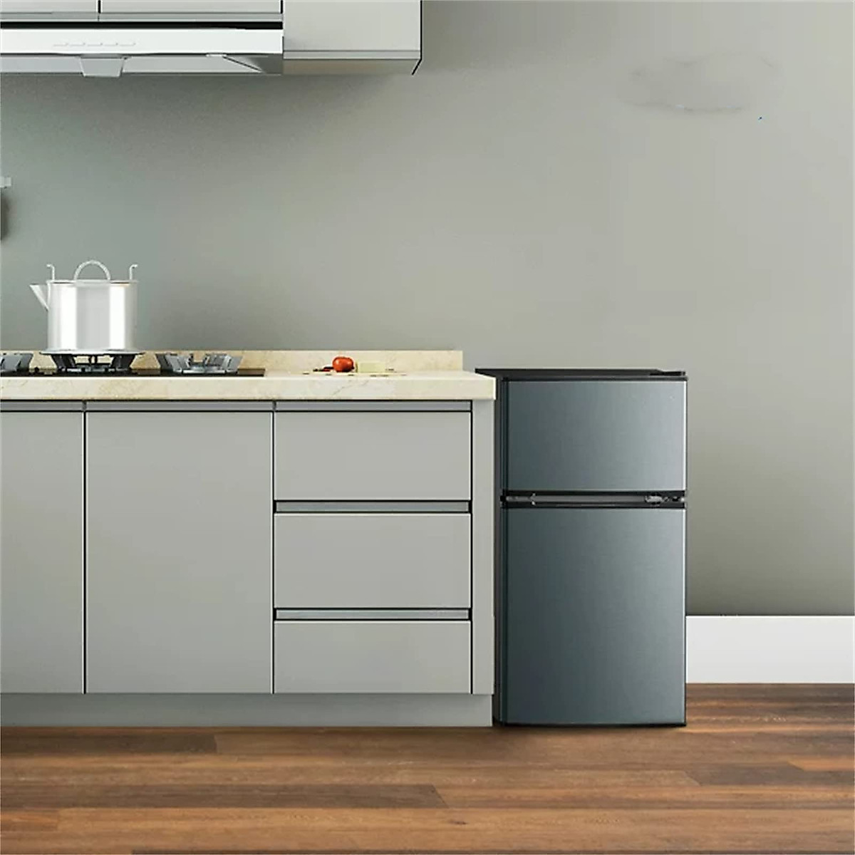 2 Door Mini Fridge, 3.2 Cu ft Compact Refrigerator with Freezer for Dorm Apartment Drinks Snacks Cooling (Stainless Steel)