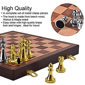Agirlgle Metal Chess Set for Adults and Kids – Deluxe Chess Board with Chess Pieces – Travel Wooden Chess Set with Metal Pieces – Folding Chessboard – Ideal for Beginners and Professional Players
