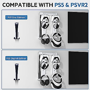 PS5 and PSVR2 Wall Mount, Grathia 8 in 1 Sturdy PS5 and PSVR2 Wall Mount Kit with Controller Holder and Headphone Hanger, 14 Video Game Storage Stand for Playstation 5 (Disc and Digital Edition)