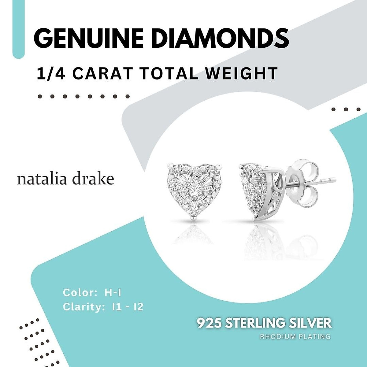 NATALIA DRAKE 1/4 Cttw Diamond Stud Earrings for Women in Rhodium Plated 925 Sterling Silver Heart Shaped Studs Color I-J/Clarity I2-I3