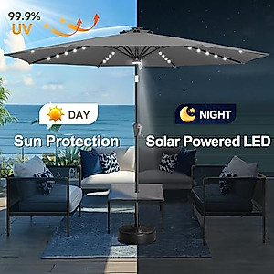FLAME&SHADE 10 ft Solar Powered Outdoor Market Patio Table Umbrella with LED Lights and Tilt, Anthracite