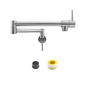 QWORK Stainless Steel Wall Mount Pot Filler Faucet - 1/2"-14 NPT Thread, Commercial Kitchen Sink Faucet with Foldable Stretchable Double Handles and Single Hole Configuration