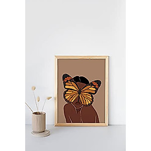 MUELOSY African American Woman Art, Fashion Art, Woman Fashion Portrait, Black Girl wall Art, Black Woman with Butterfly With Flower Wall Art Cavans Décor,12x16in set of 3 (Frameless Canvas)