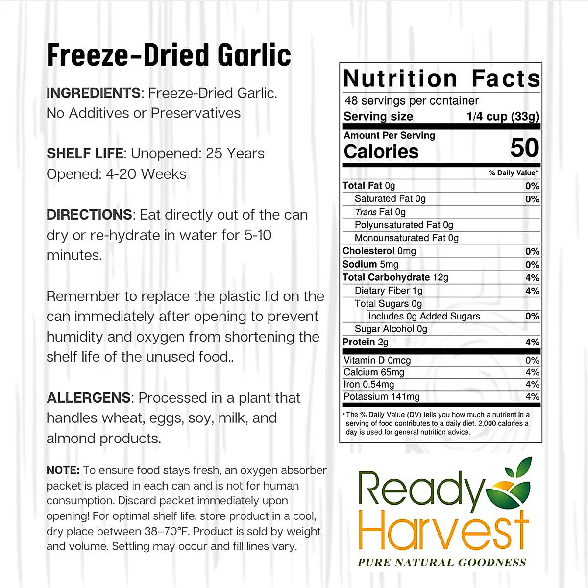 Ready Harvest Freeze-Dried Garlic for Camping Food | Camper Must-Haves Camping Essentials | Hurricane Preparedness Items as Survival Food | Pantry Staples | #10 Can | 25-Year Shelf Life | 6 cans