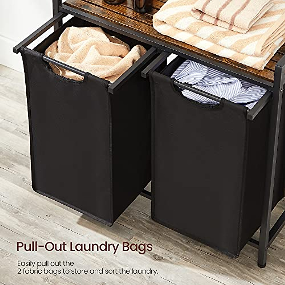 VASAGLE Laundry Basket, 2-Compartment Laundry Hamper, Pull-Out and Removable Laundry Bags, Oxford Fabric, Metal Frame, 2 x 12.2L, 28.7 x 13 x 28.3 Inches, Rustic Brown and Black UBLH201B01