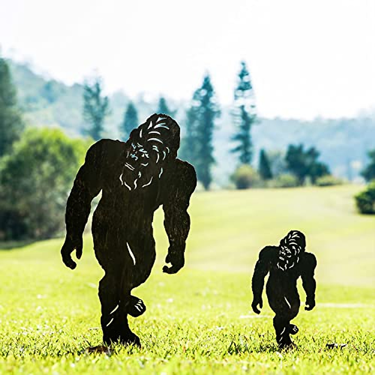 Bigfoot Garden Decor Metal Stake - Set of 2 Big Foot Sasquatch Gifts Yard Art Decorative Garden Stakes for Outdoor Decor, Yard, Patio, Lawn Decorations - 15.7”H x 8.3”W & 7.8”H x 4.1”W