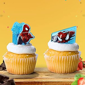 Spiderman Web-Slinger Rings, 12 Pack Cupcake Toppers, Two Designs, Party Favors.