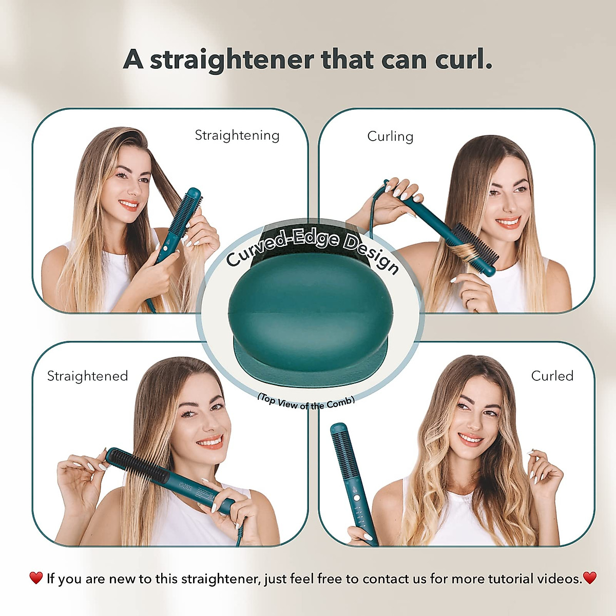 Hair Straightener Brush, Zao's Selection Ceramic Electric Straightening Comb for All Hair Types and Wigs, Less Damage & Easier-to-Use Hot Tool Than Flat Irons