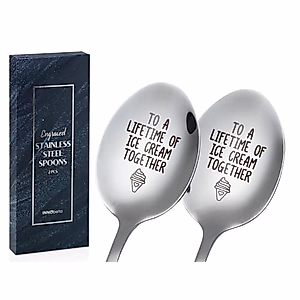 Engraved Ice Cream Spoon Gifts for Couple on Anniversary, 2 Pcs Personalized Coffee Spoon Stainless Steel, To a Lifetime of Ice Cream Together, Couple Gifts for Him and Her on Valentines Day