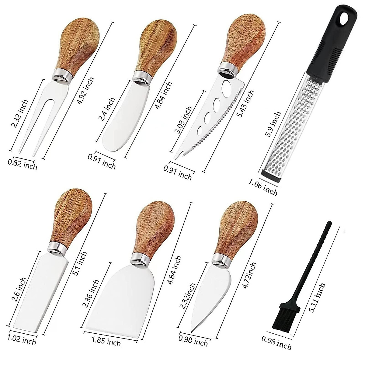 HyChill Cheese Knife Set 8-Piece Cheese Knife with Acacia Wood Handle Stainless Steel Cheese Slicer Cheese Cutter with Cheese Grater & Brush，Perfect Gift for Holiday, Birthday(C)
