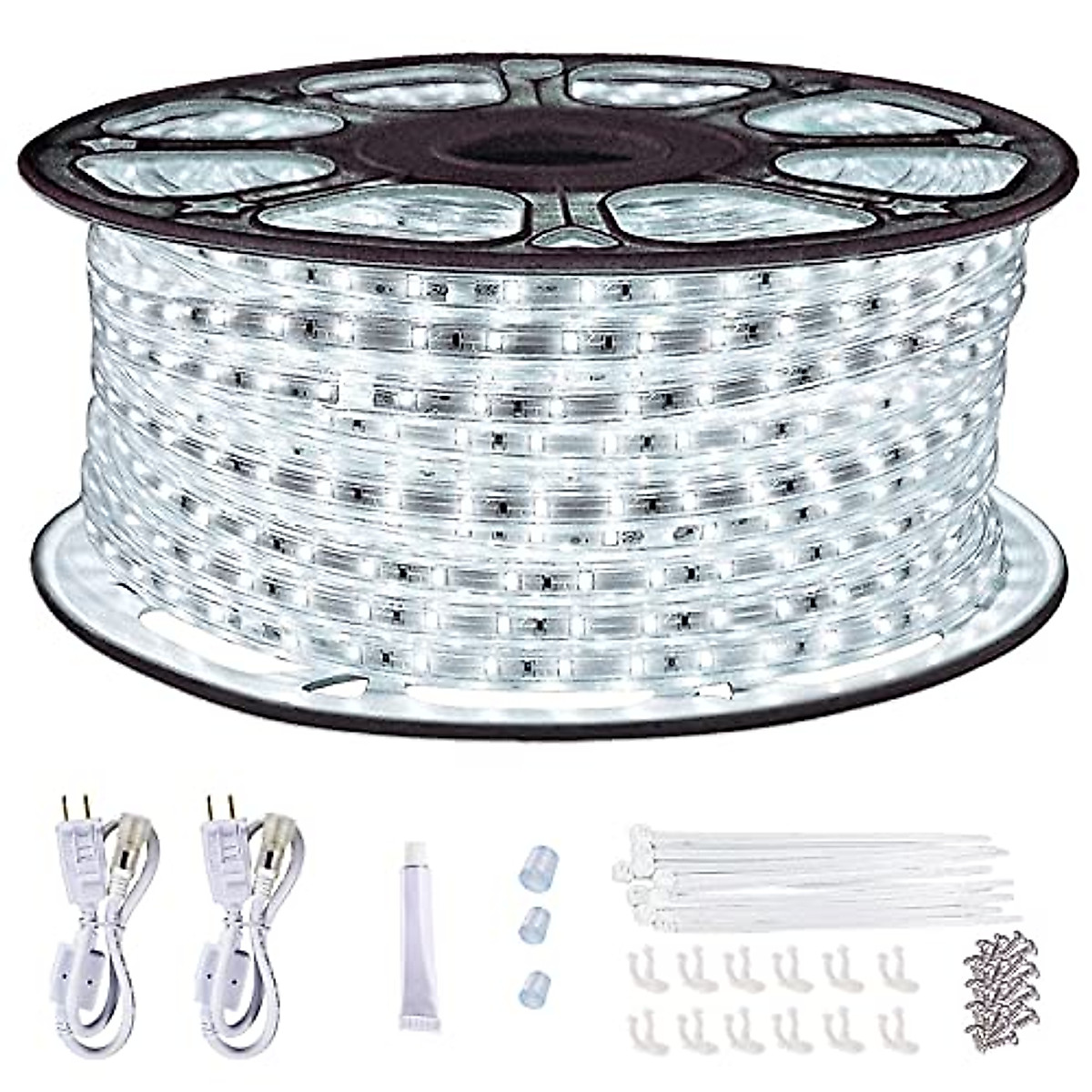 SURNIE 150ft LED Rope Lights Outdoor Waterproof - 110V Daylight White Dimmable Thick Flat Strip Light 6500K Cuttable Connectable for Stairs,Deck,Backyards,Commercial Use Indoor Outdoor Rope Lighting