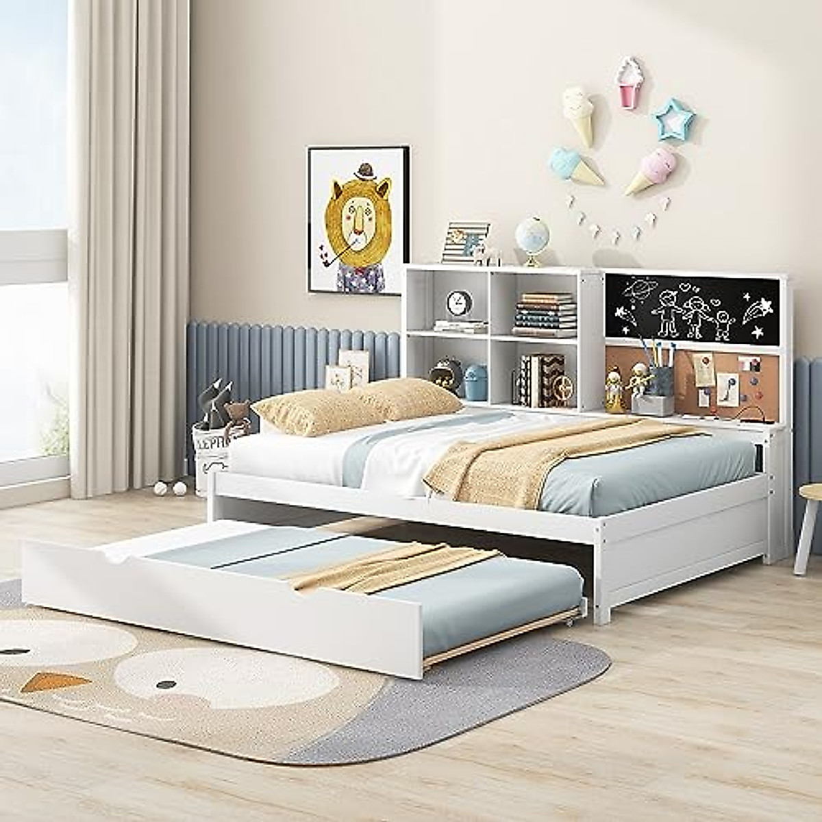 BOVZA Wooden Full Size Daybed with Twin Trundle, USB Ports, Storage Shelves, Blackboard, Cork Board, White