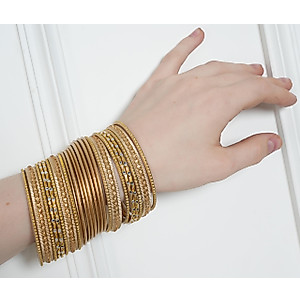 Touchstone "Colorful 2 Dozen Bangle Collection" Indian Bollywood Alloy Metal Textured Golden Designer Jewelry Special Large Size Bangle Bracelets. Set Of 24. In Antique Gold Tone For Women.