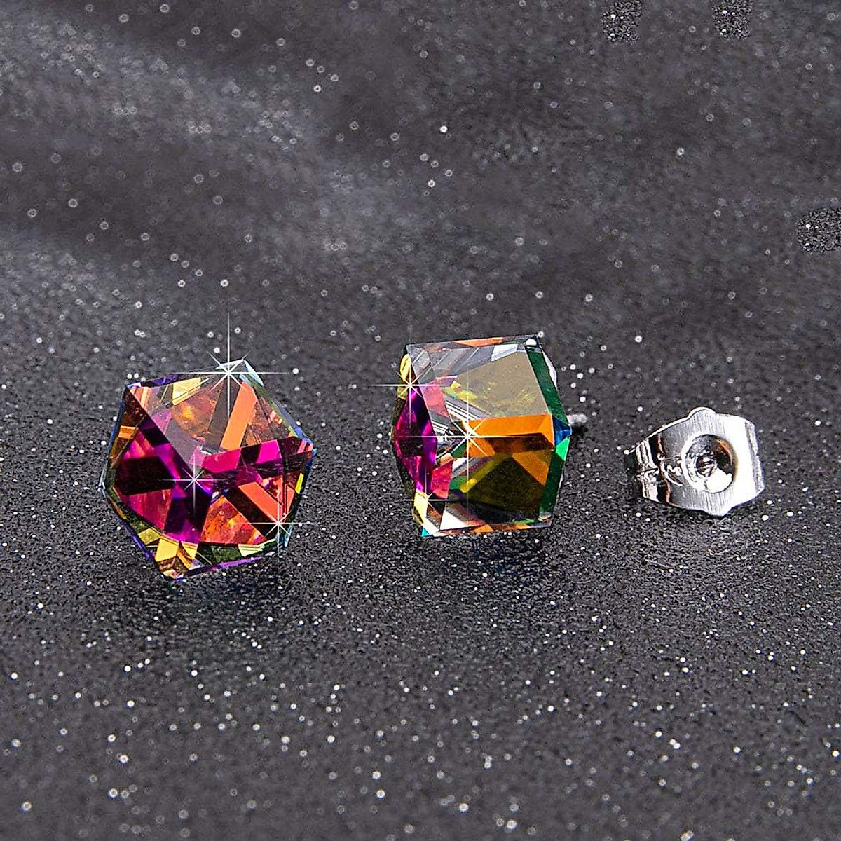 Cube Austrian Crystal Drop Stud Earrings for Women Fashion S925 Sterling Silver Hypoallergenic Jewelry (Rainbow)