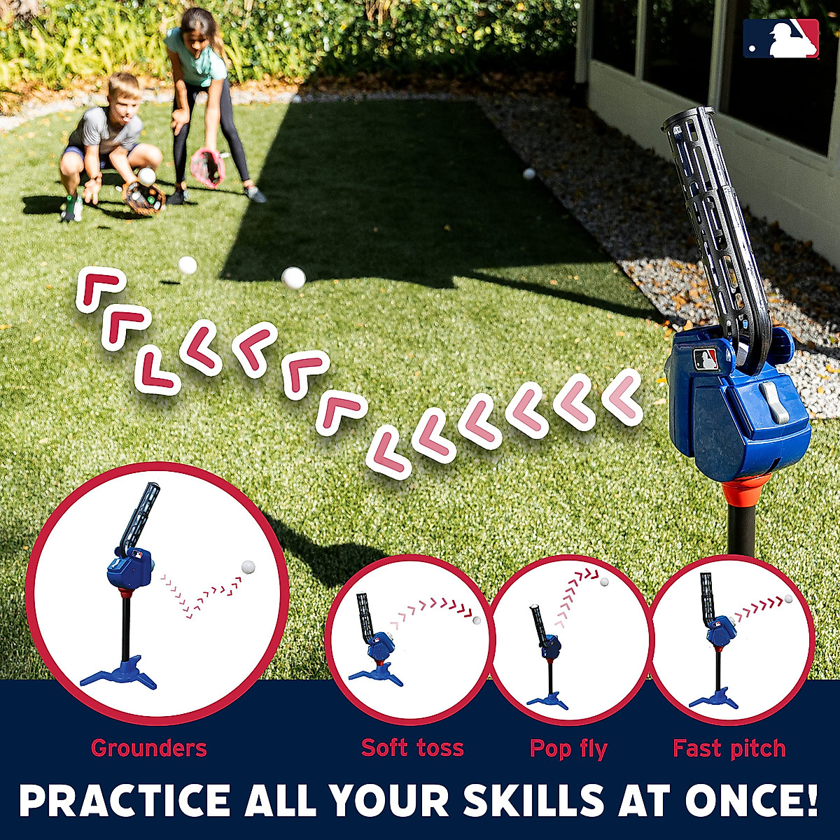 Franklin Sports Baseball Pitching Machine - Adjustable Baseball Hitting & Fielding Practice Machine For Kids - with 6 Baseballs - Great For Practice,Blue, Small